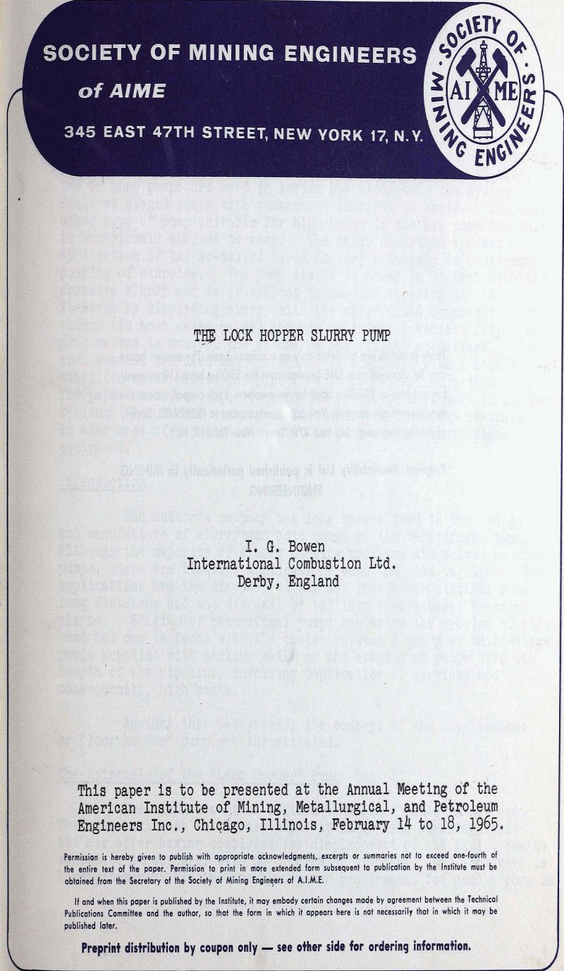 Lock Hopper Slurry Pump - Metallurgist & Mineral Processing Engineer